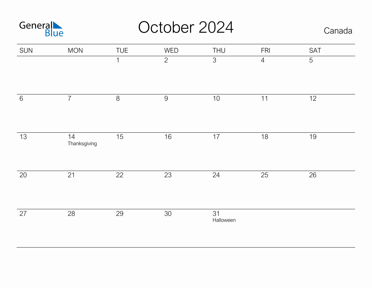 Printable October 2024 Monthly Calendar with Holidays for Canada