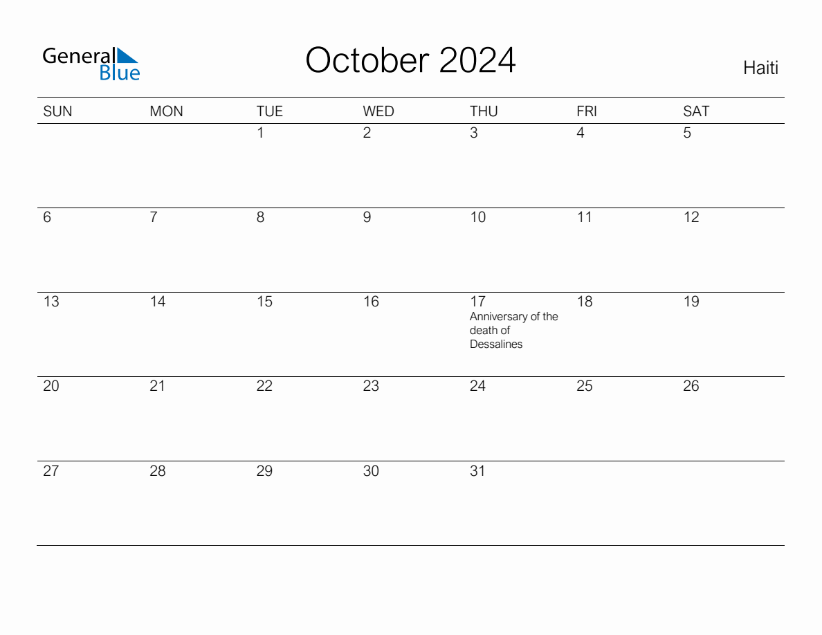 Printable October 2024 Monthly Calendar with Holidays for Haiti