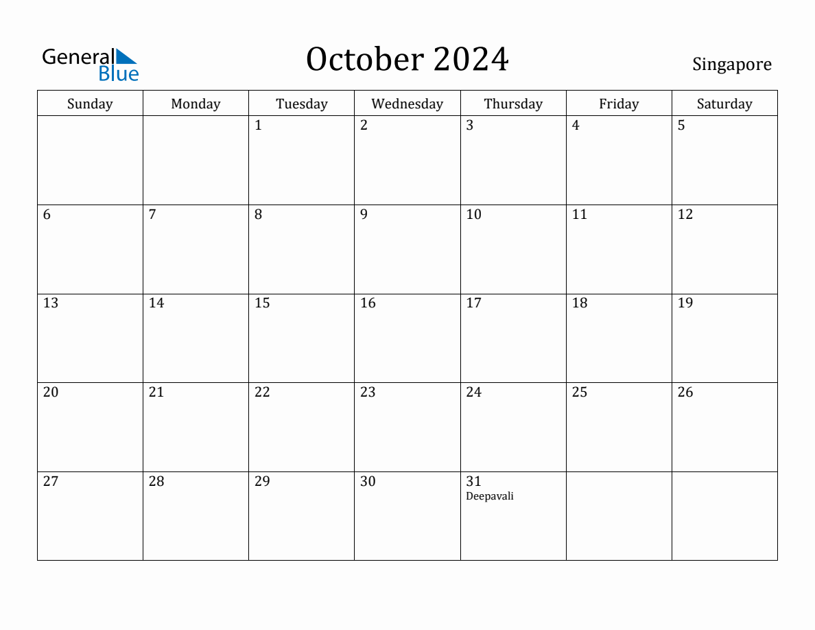 October 2024 Monthly Calendar with Singapore Holidays