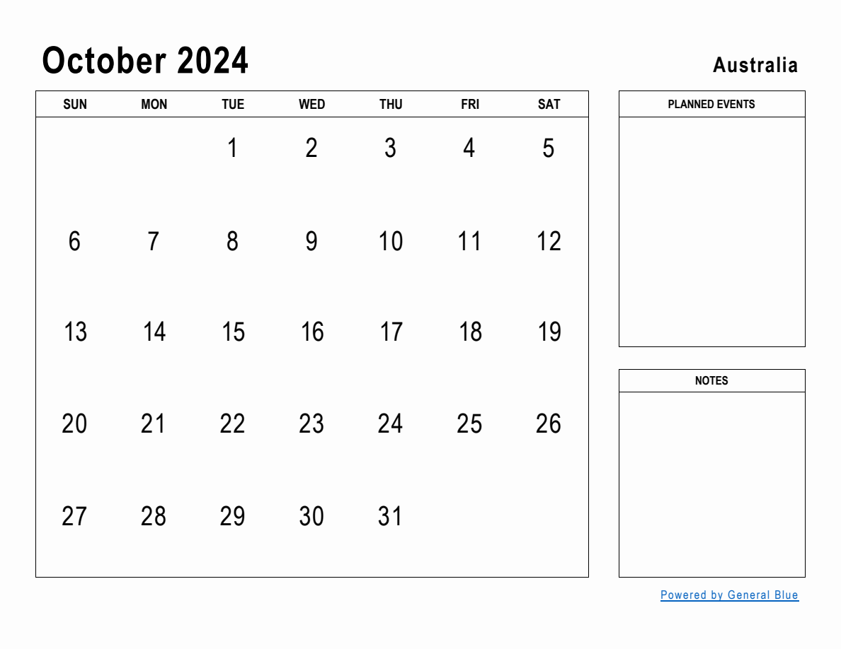 October 2024 Planner with Australia Holidays