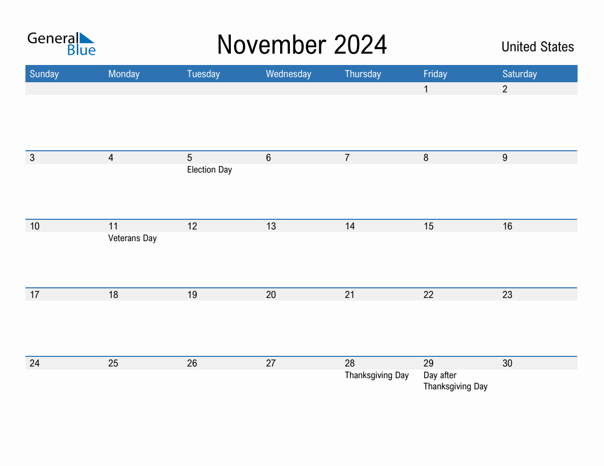 November 2024 Monthly Calendars with United States Holidays