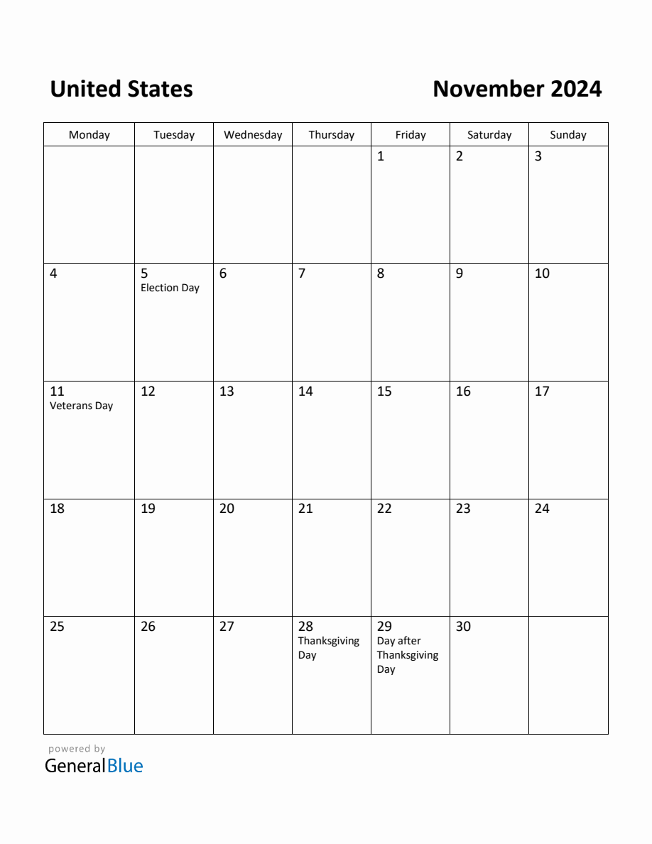 Free Printable November 2024 Calendar for United States (Monday Start)