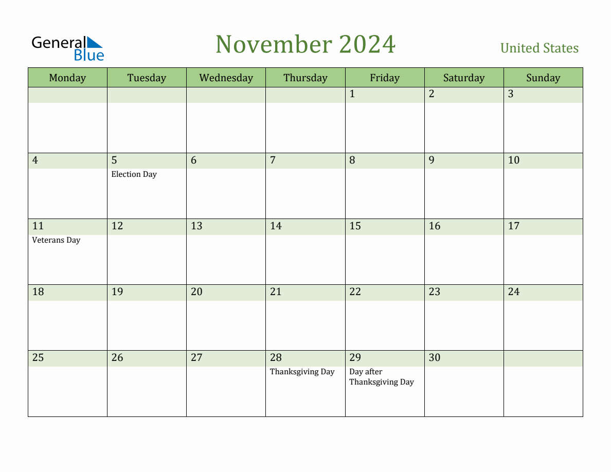 Fillable Holiday Calendar for United States - November 2024 (Monday Start)