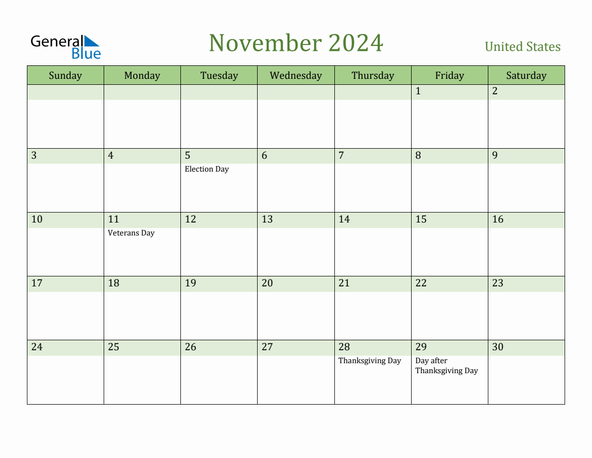 Fillable Holiday Calendar for United States - November 2024