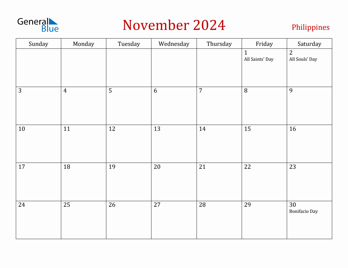 November 2024 Philippines Monthly Calendar With Holidays