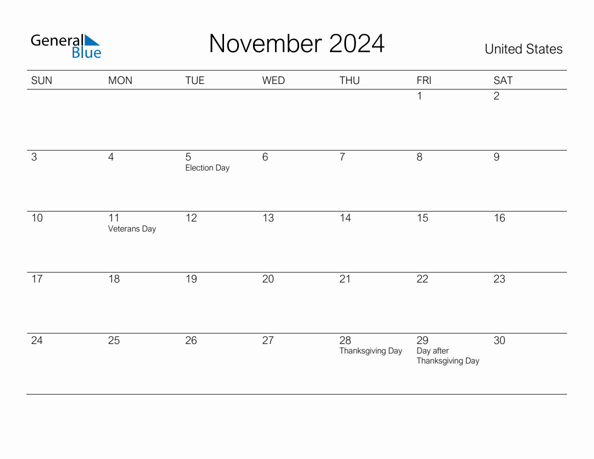 Printable November 2024 Monthly Calendar with Holidays for United States
