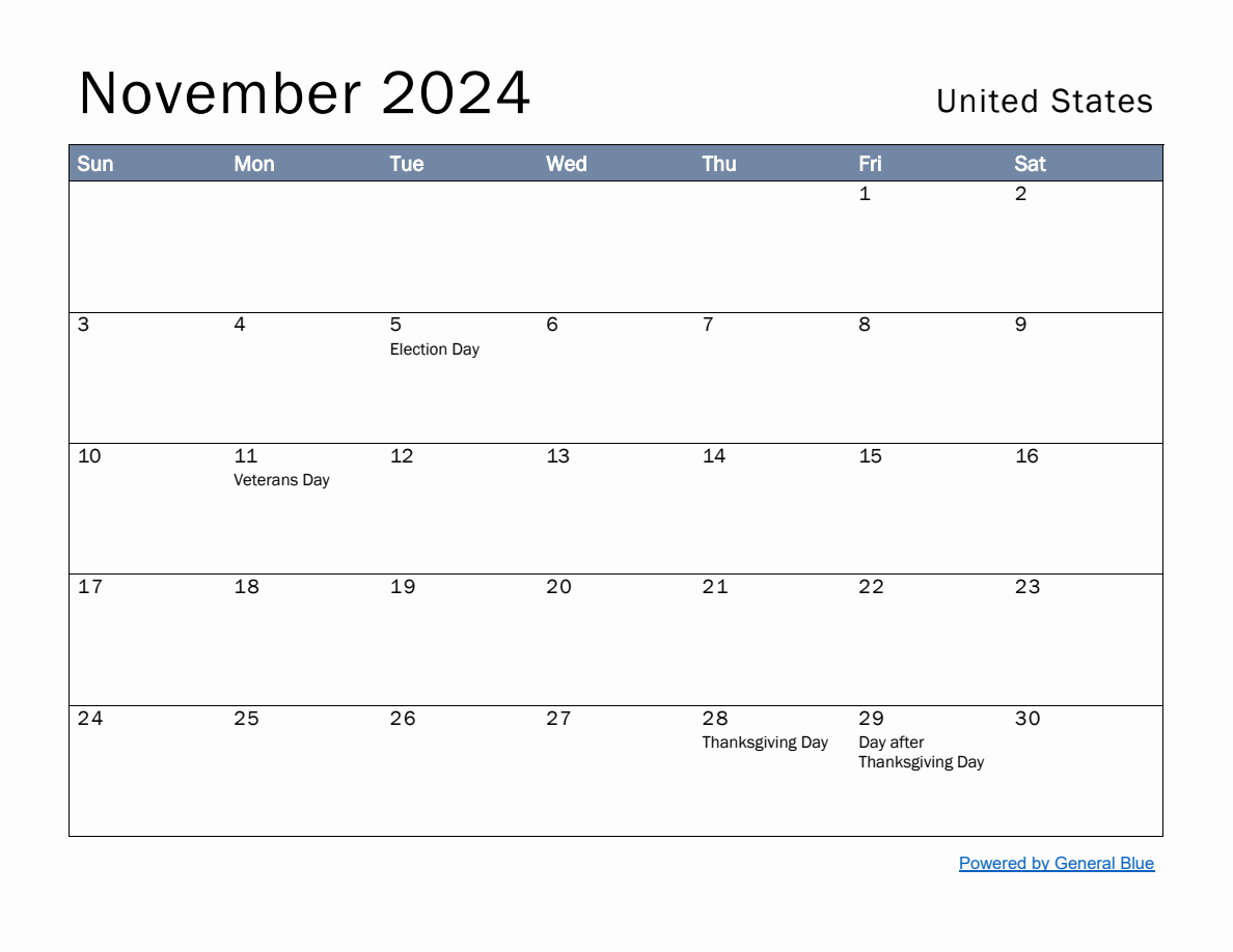 Free Monthly Calendar Template for November 2024 with United States ...