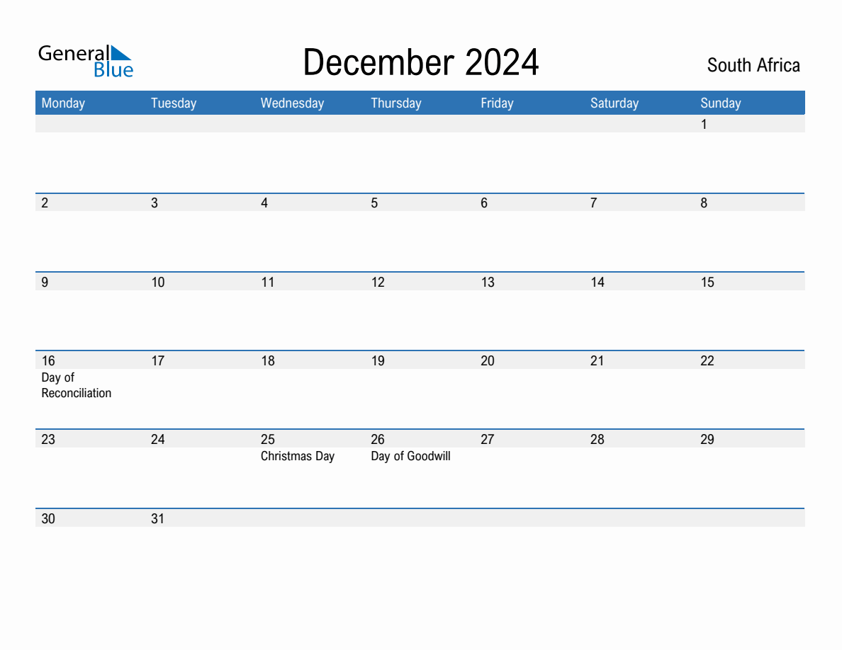 Editable December 2024 Calendar with South Africa Holidays (Monday Start)