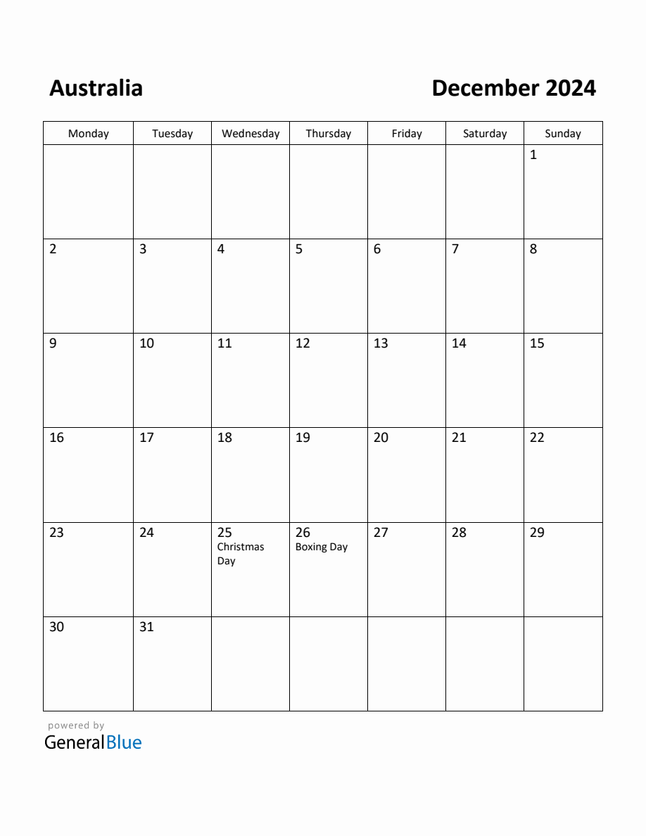 Free Printable December 2024 Calendar for Australia (Monday Start)
