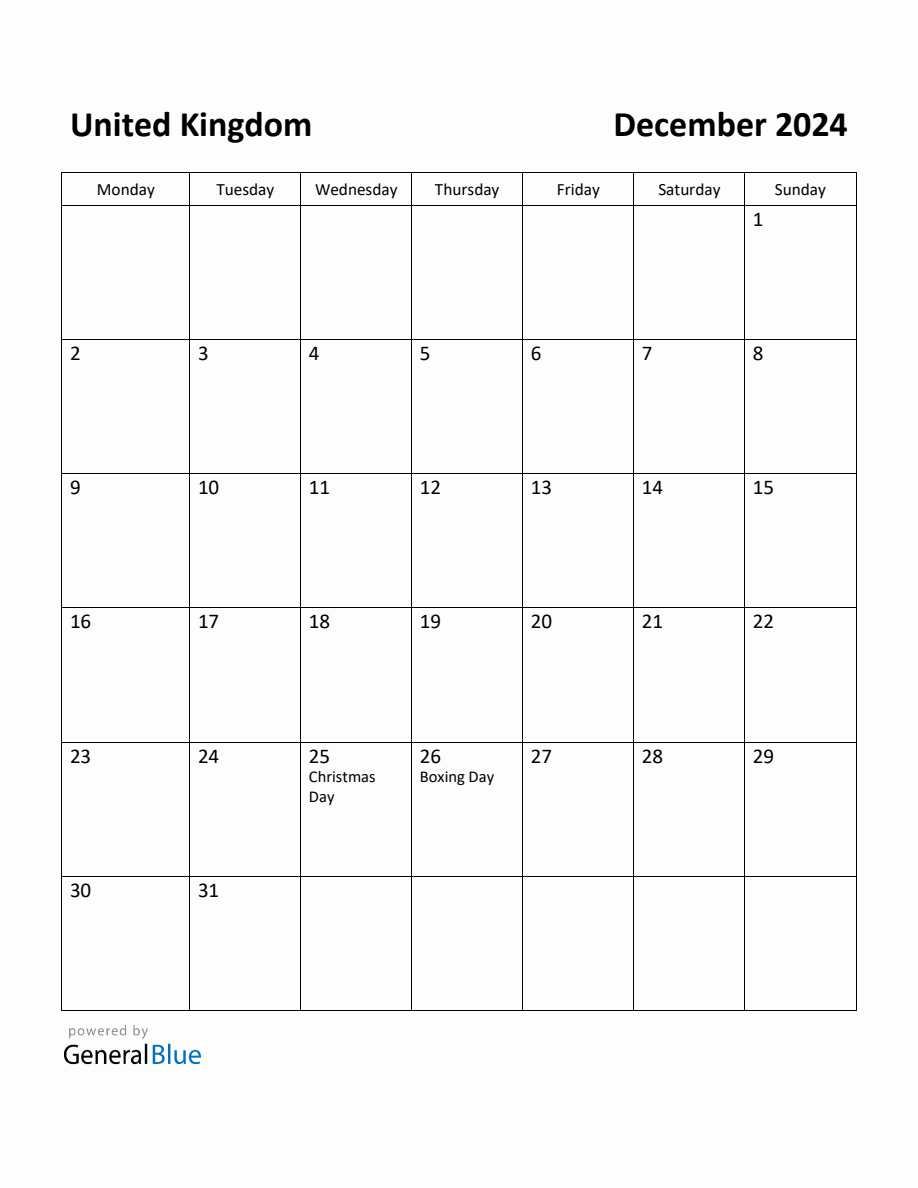 Free Printable December 2024 Calendar for United Kingdom (Monday Start)