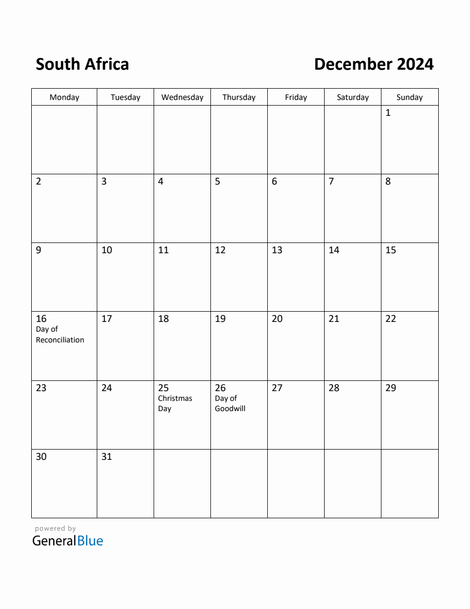 Free Printable December 2024 Calendar for South Africa (Monday Start)
