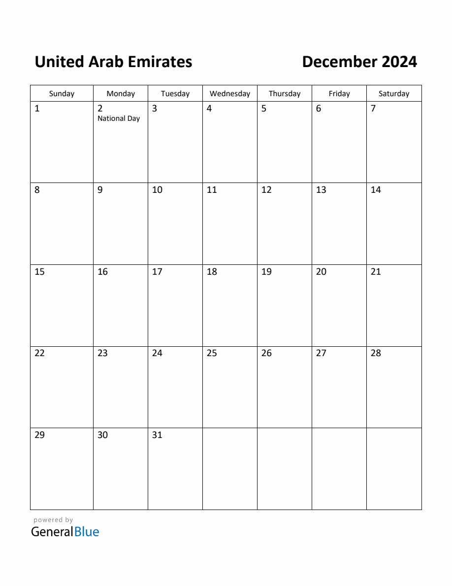 Free Printable December 2024 Calendar for United Arab Emirates