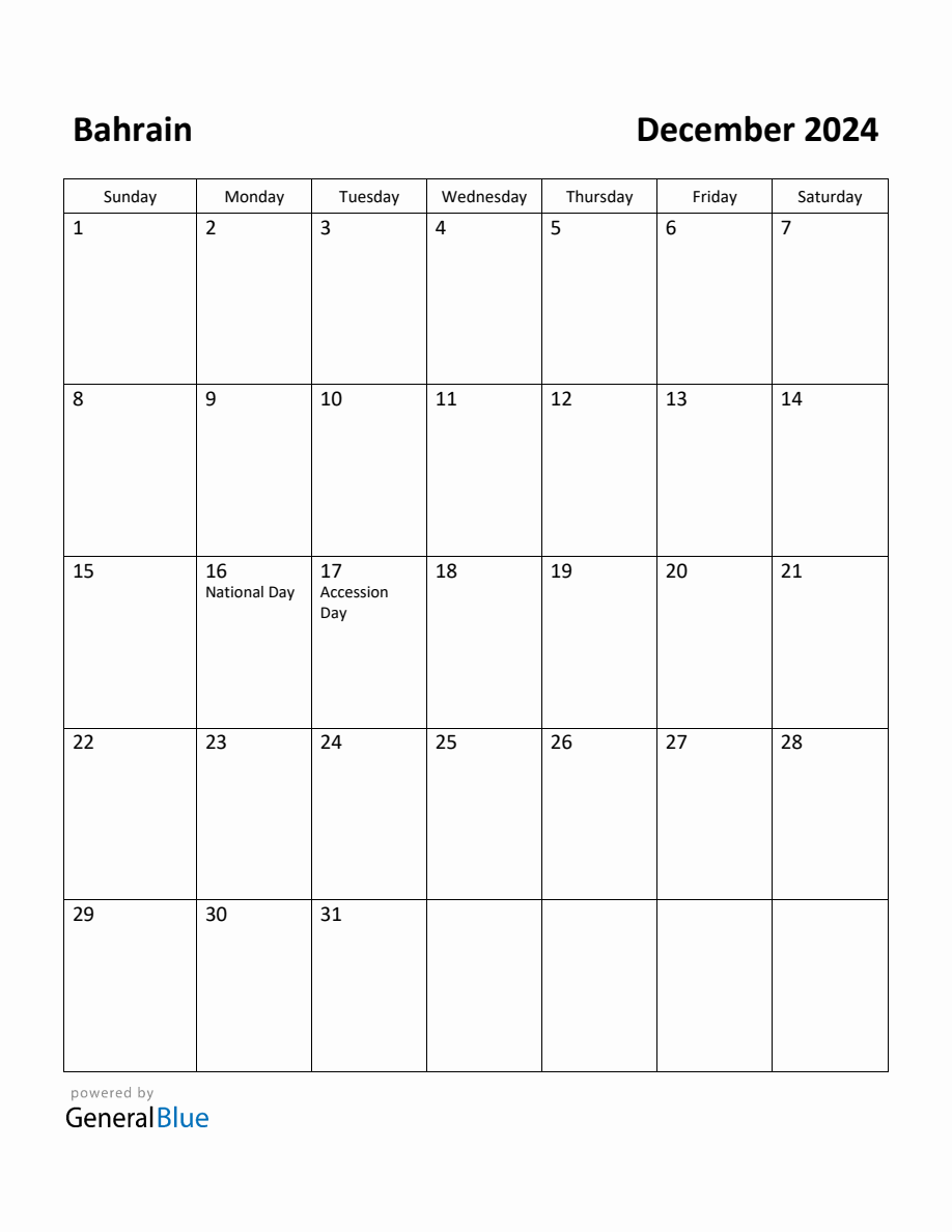 Free Printable December 2024 Calendar for Bahrain