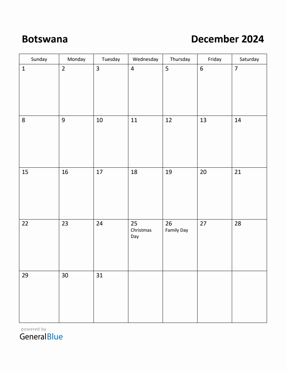 Free Printable December 2024 Calendar for Botswana
