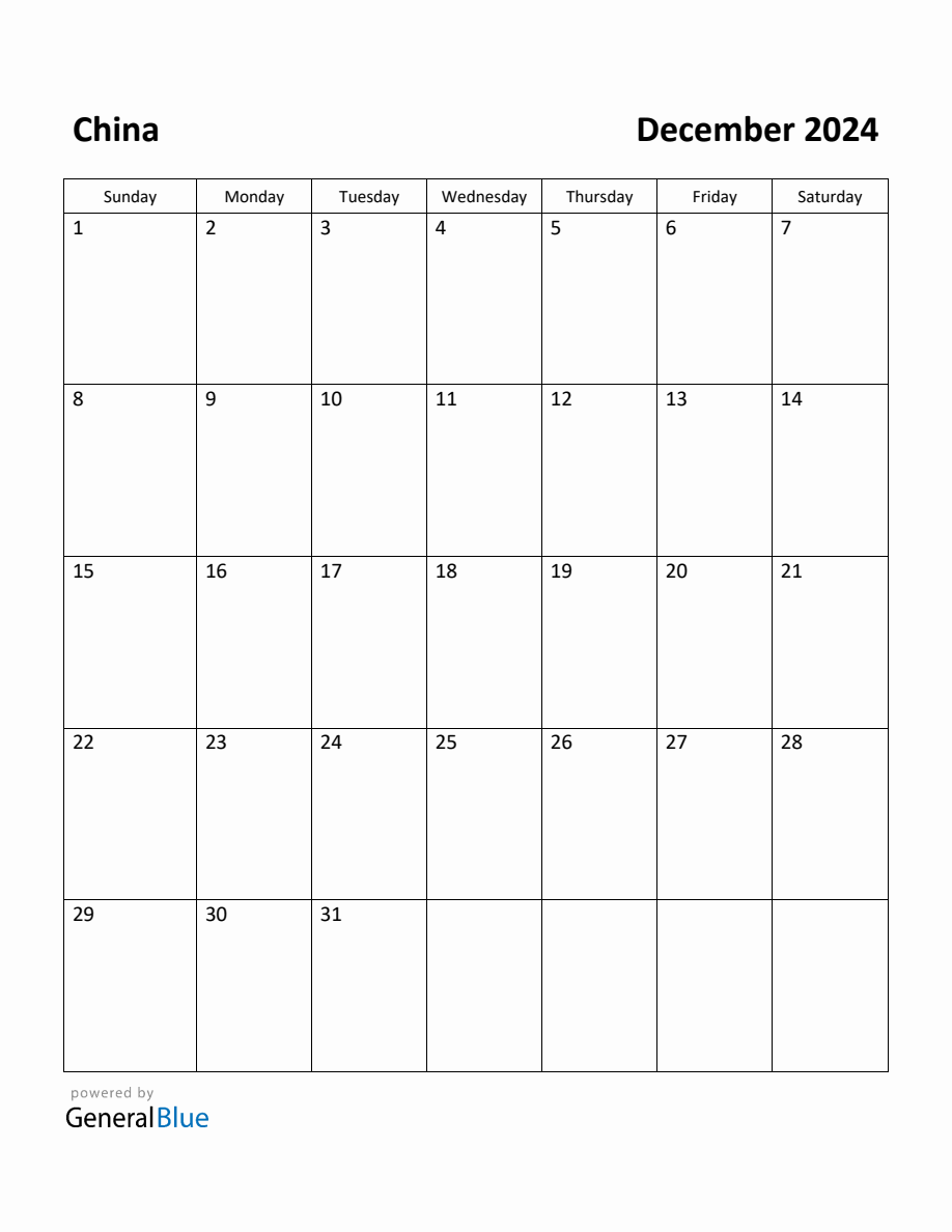 Free Printable December 2024 Calendar for China