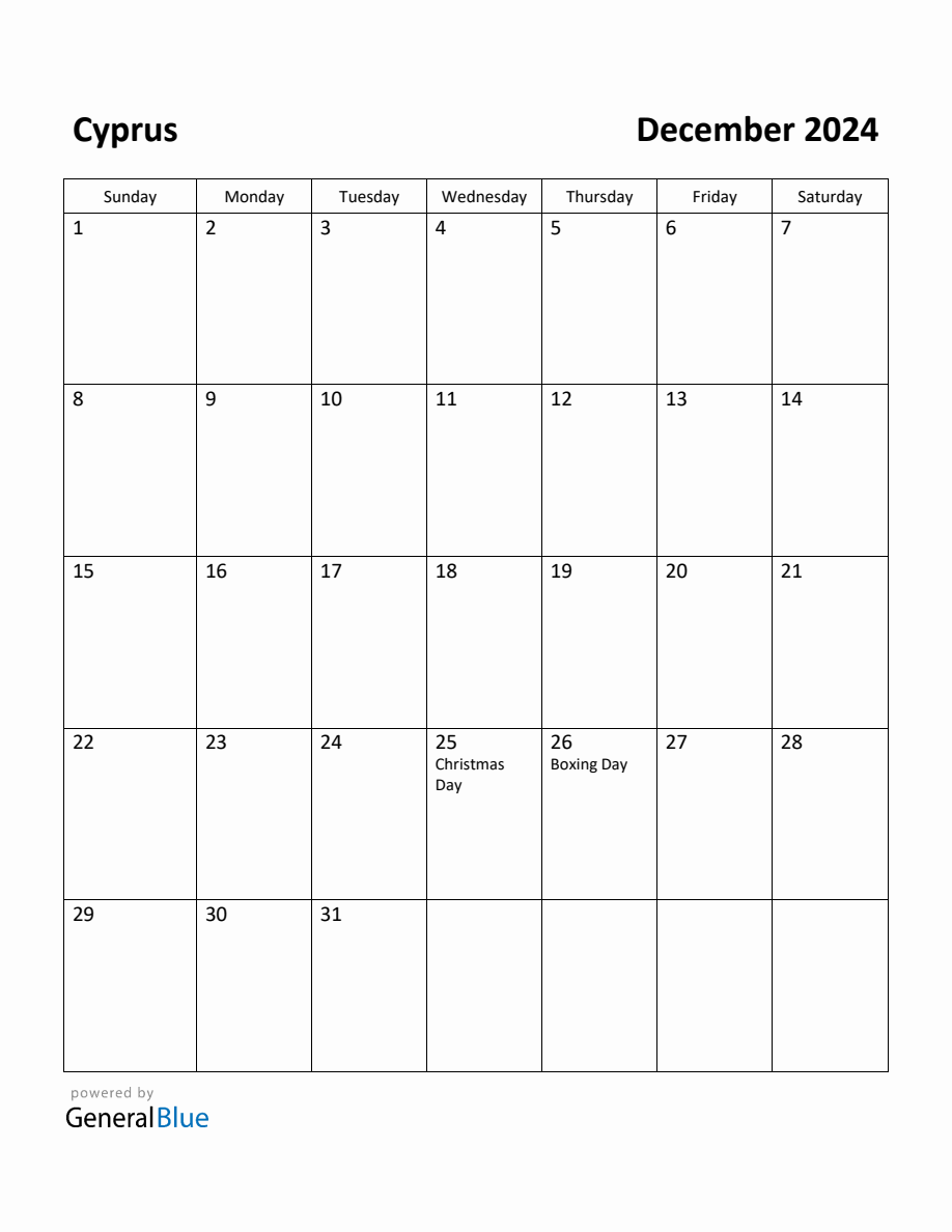 Free Printable December 2024 Calendar for Cyprus