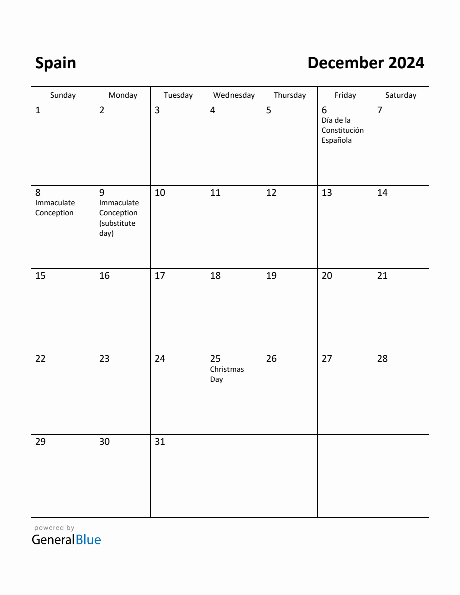 Free Printable December 2024 Calendar for Spain
