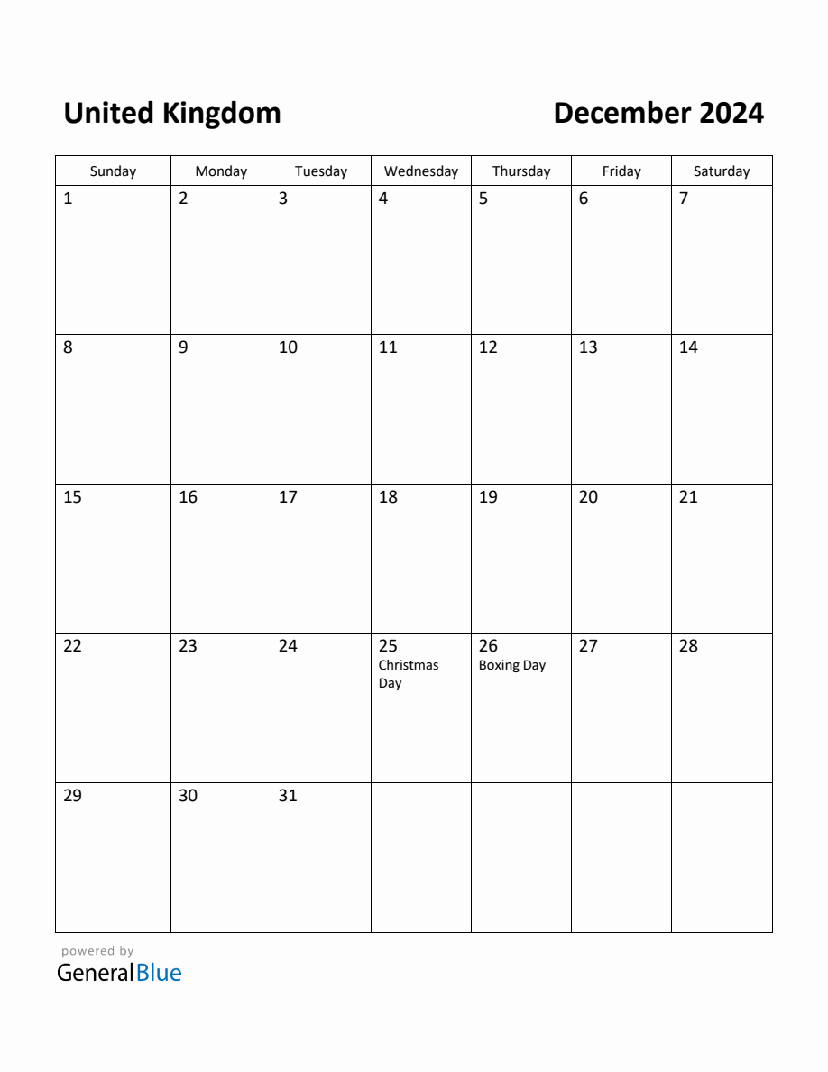Free Printable December 2024 Calendar for United Kingdom