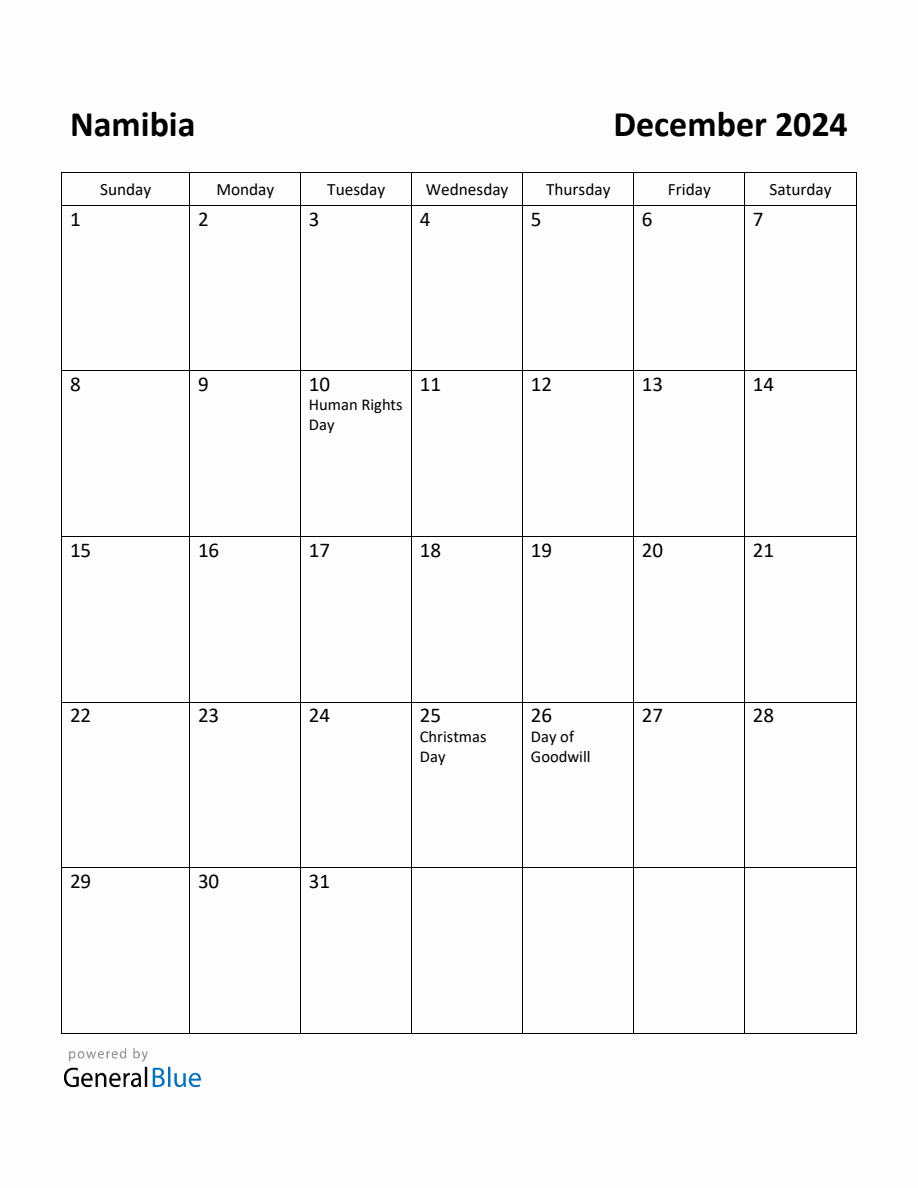 Free Printable December 2024 Calendar for Namibia