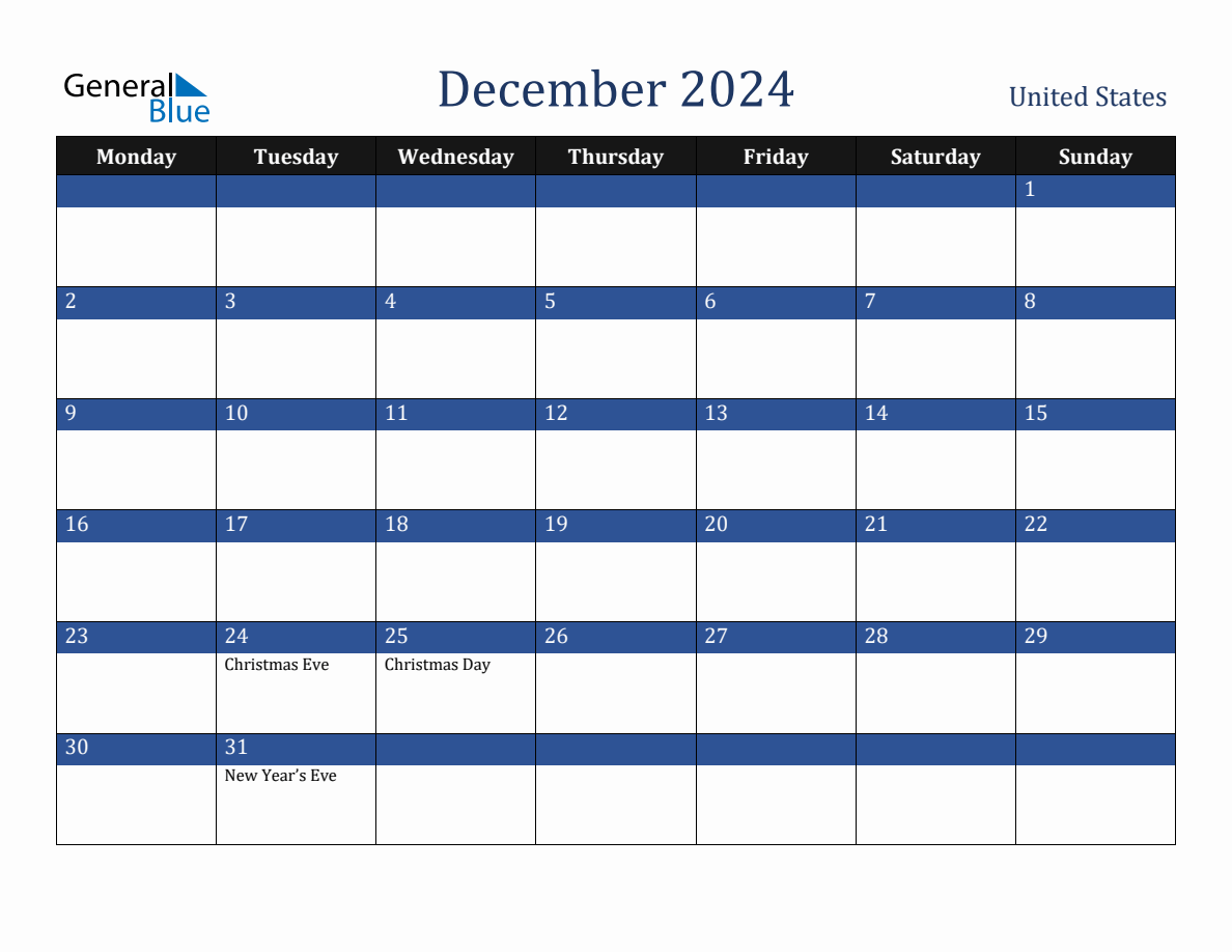 December 2024 United States Holiday Calendar (Monday Start)