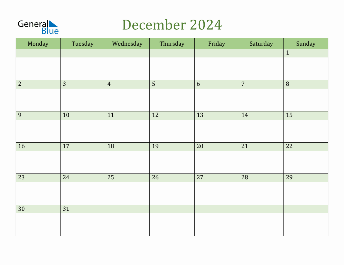 Fillable December 2024 Calendar - Monday Start