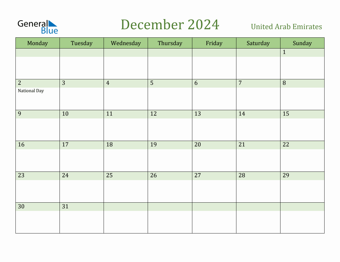 Fillable Holiday Calendar for United Arab Emirates - December 2024 ...