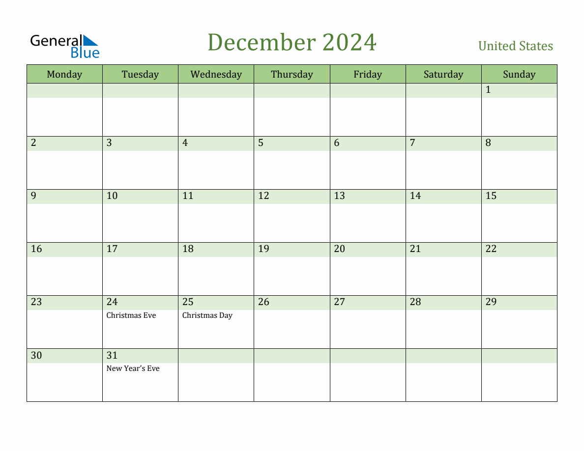 Fillable Holiday Calendar for United States - December 2024 (Monday Start)