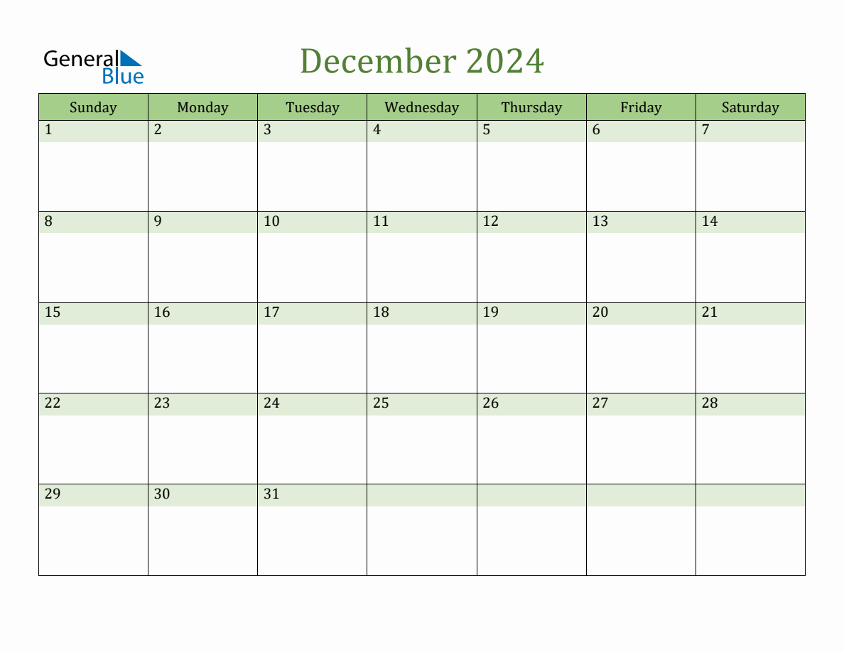 Fillable December 2024 Calendar