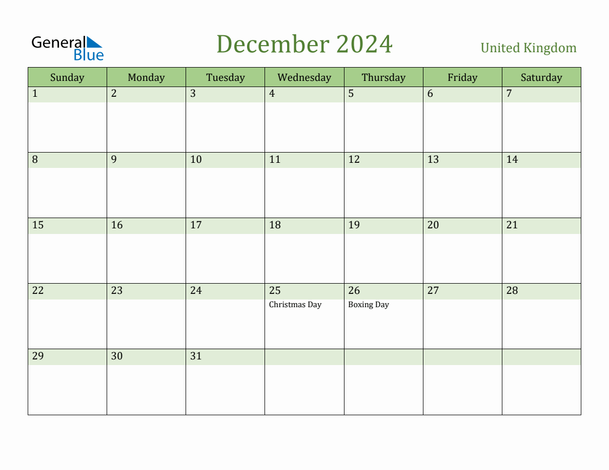 Fillable Holiday Calendar for United Kingdom - December 2024