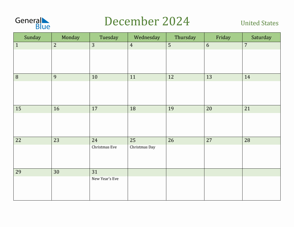 Fillable Holiday Calendar for United States - December 2024