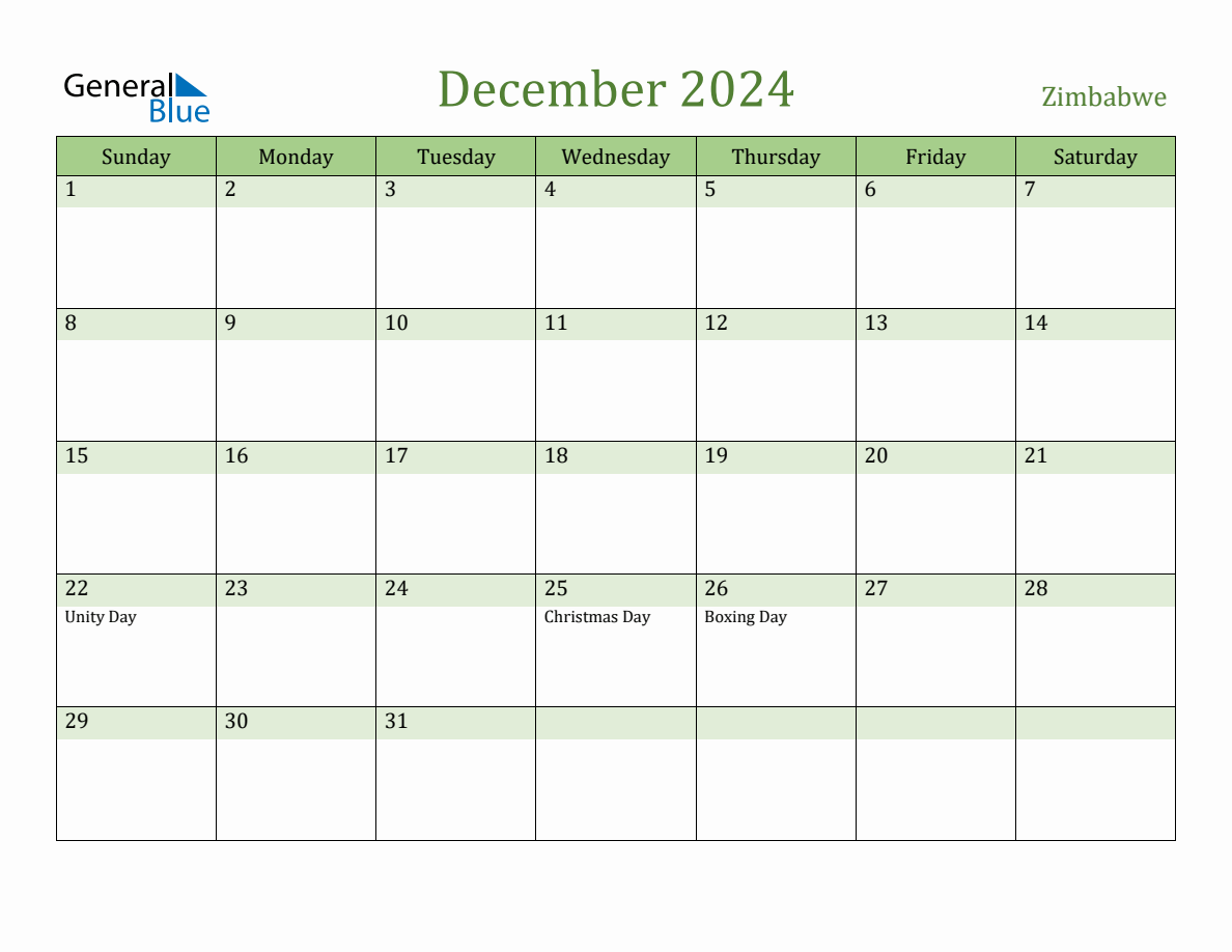Fillable Holiday Calendar for Zimbabwe - December 2024
