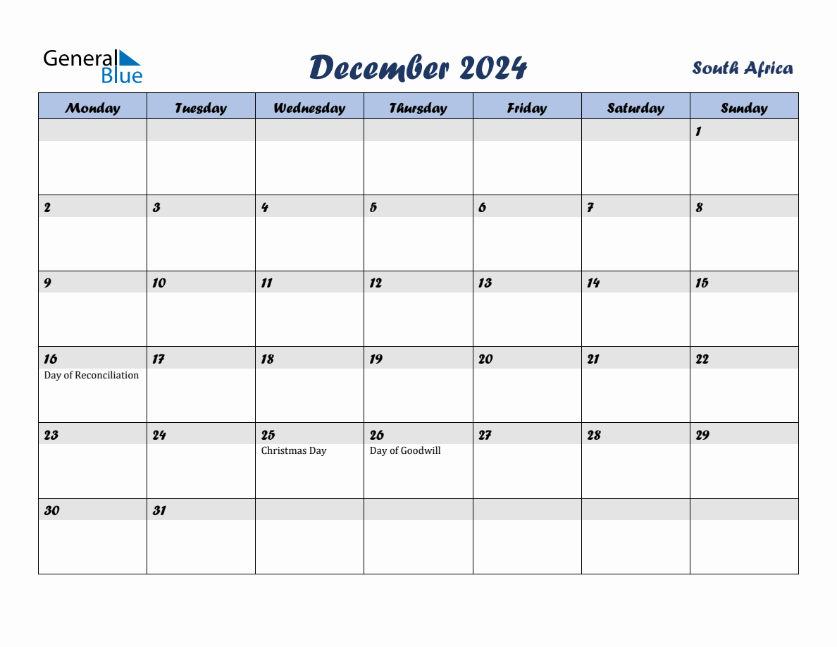 December 2024 Monthly Calendar Template with Holidays for South Africa ...