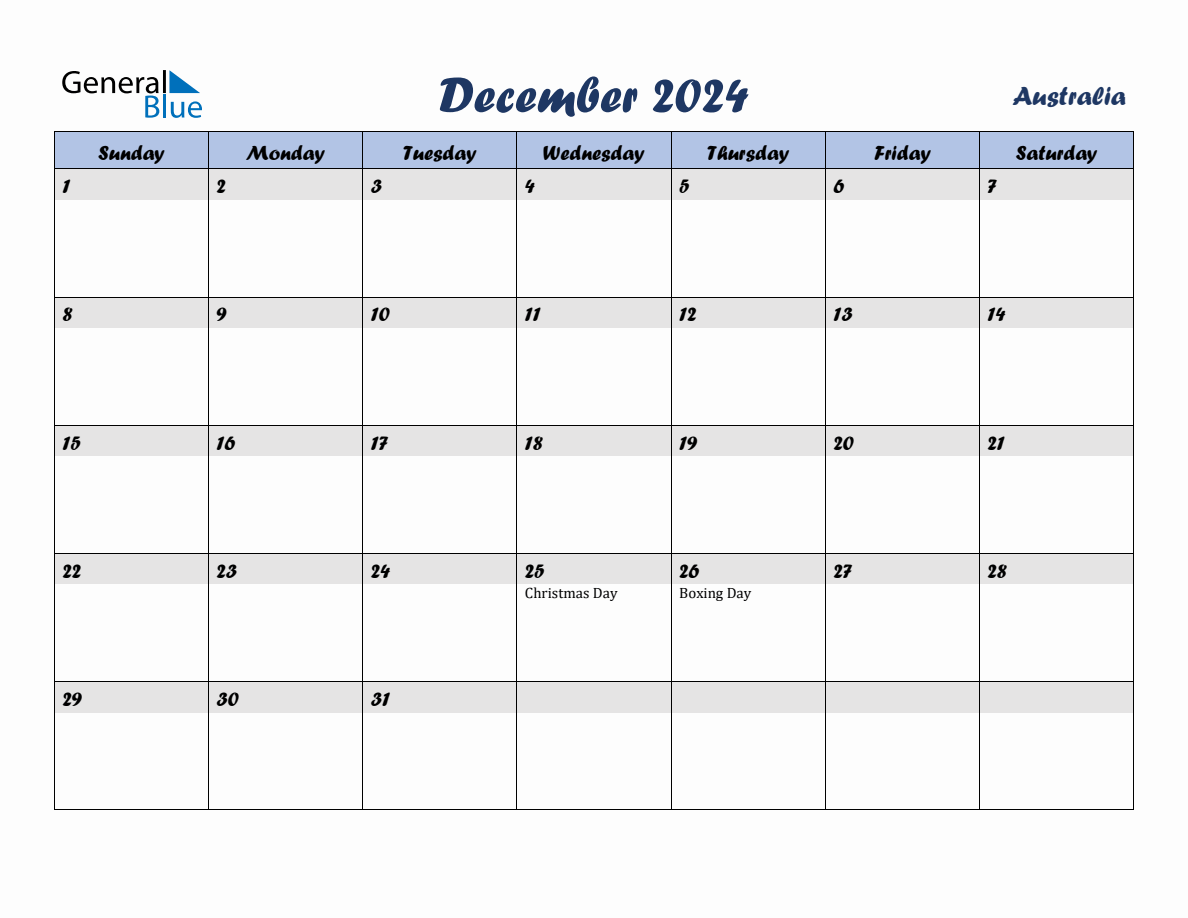 December 2024 Monthly Calendar Template with Holidays for Australia