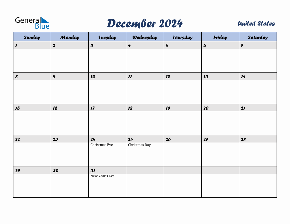 December 2024 Monthly Calendar Template with Holidays for United States