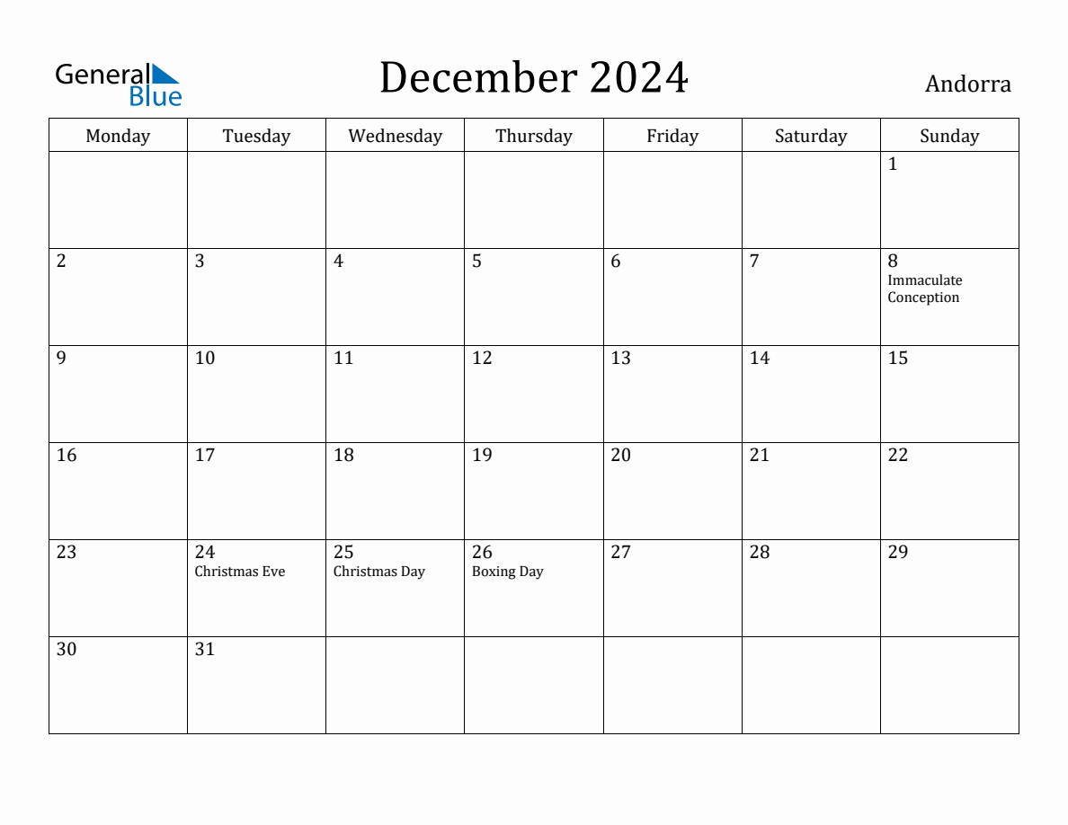 Andorra Monthly Calendar - December 2024 (Monday Start)