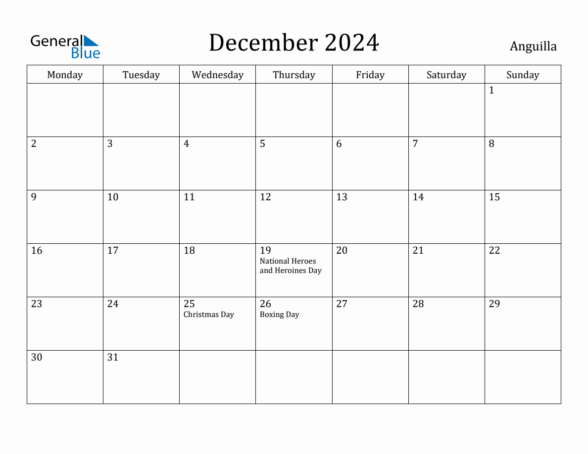 Anguilla Monthly Calendar - December 2024 (Monday Start)
