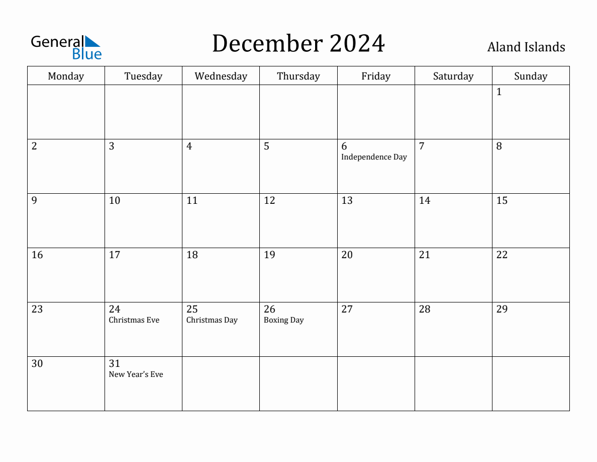 Aland Islands Monthly Calendar - December 2024 (Monday Start)