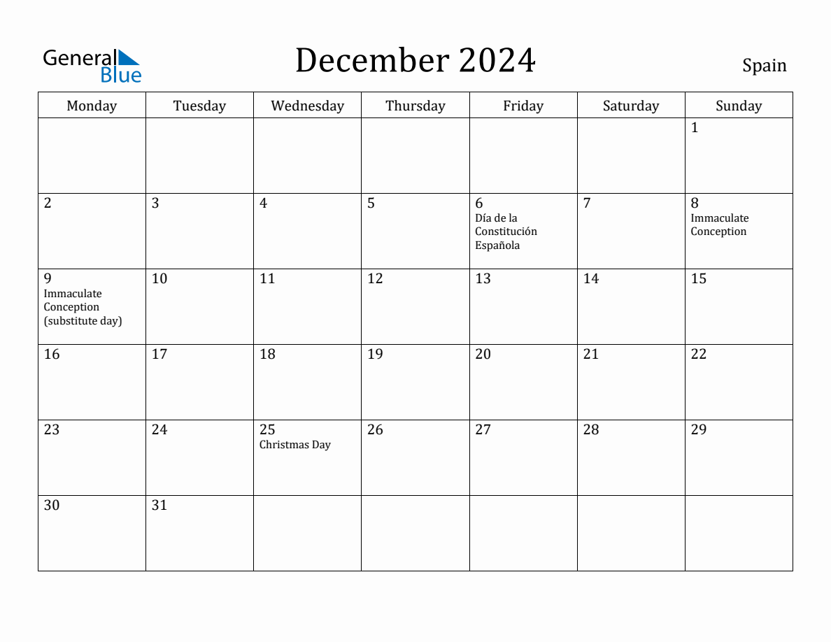 Spain Monthly Calendar - December 2024 (Monday Start)