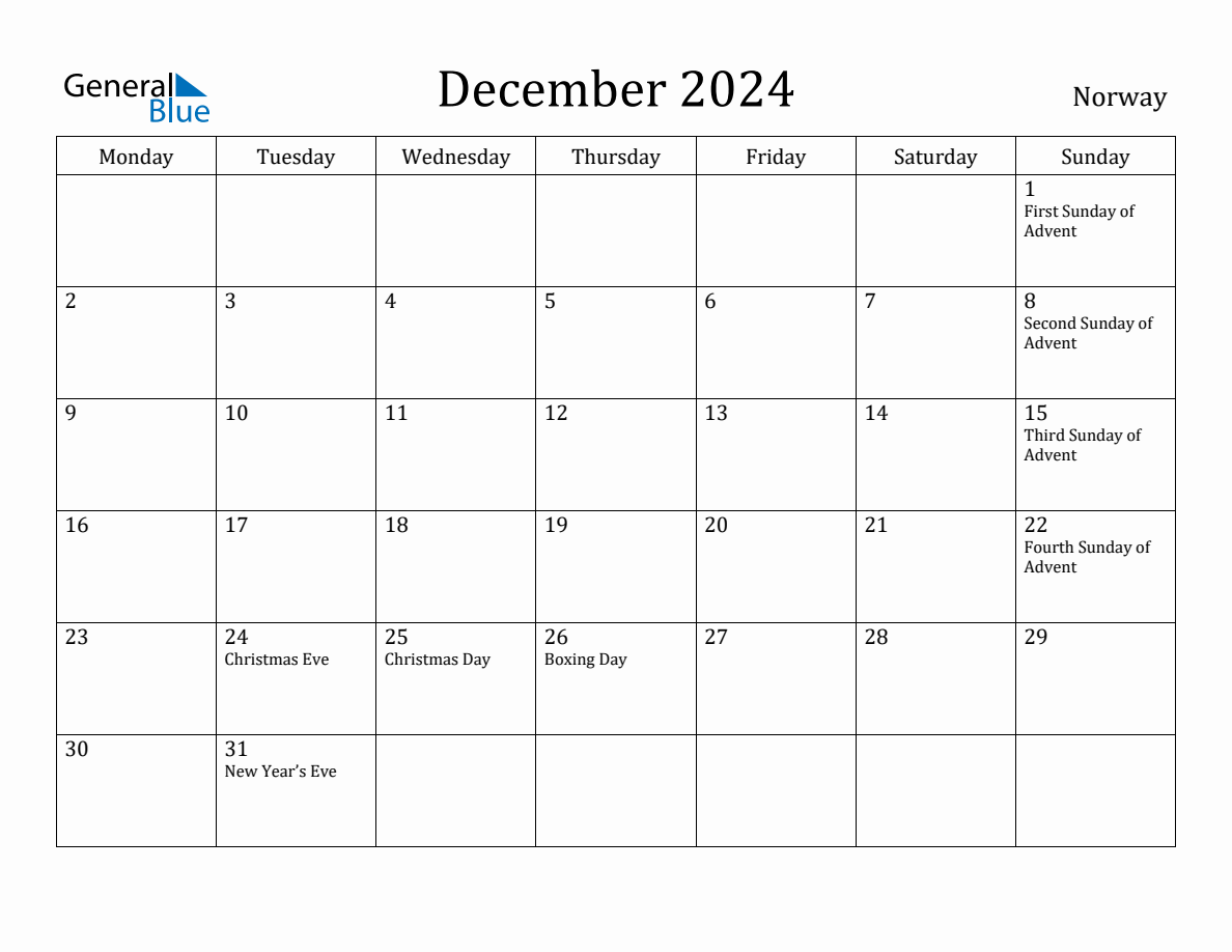 December 2024 Monthly Calendar with Norway Holidays (Monday Start)
