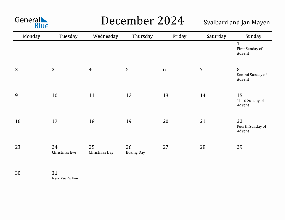 Svalbard and Jan Mayen Monthly Calendar - December 2024 (Monday Start)