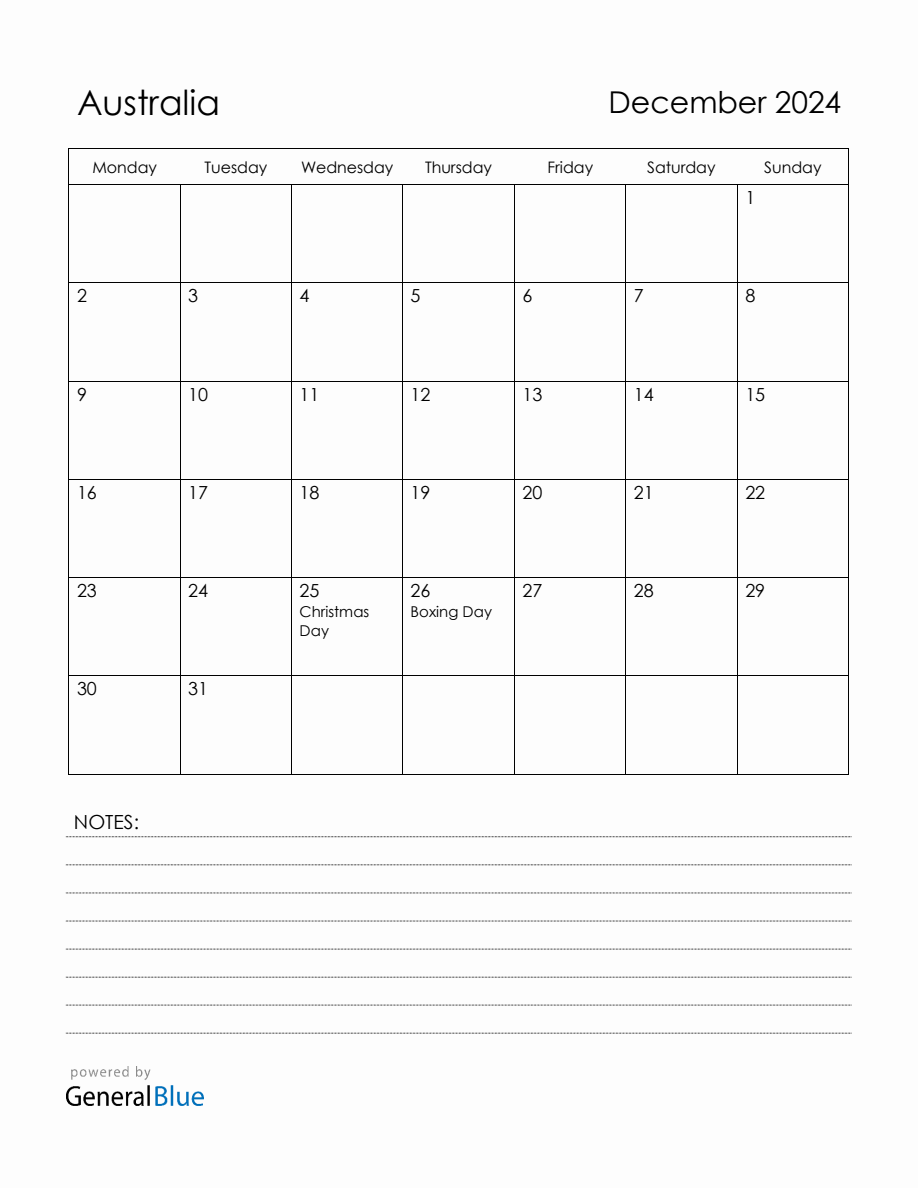 December 2024 Australia Calendar with Holidays (Monday Start)