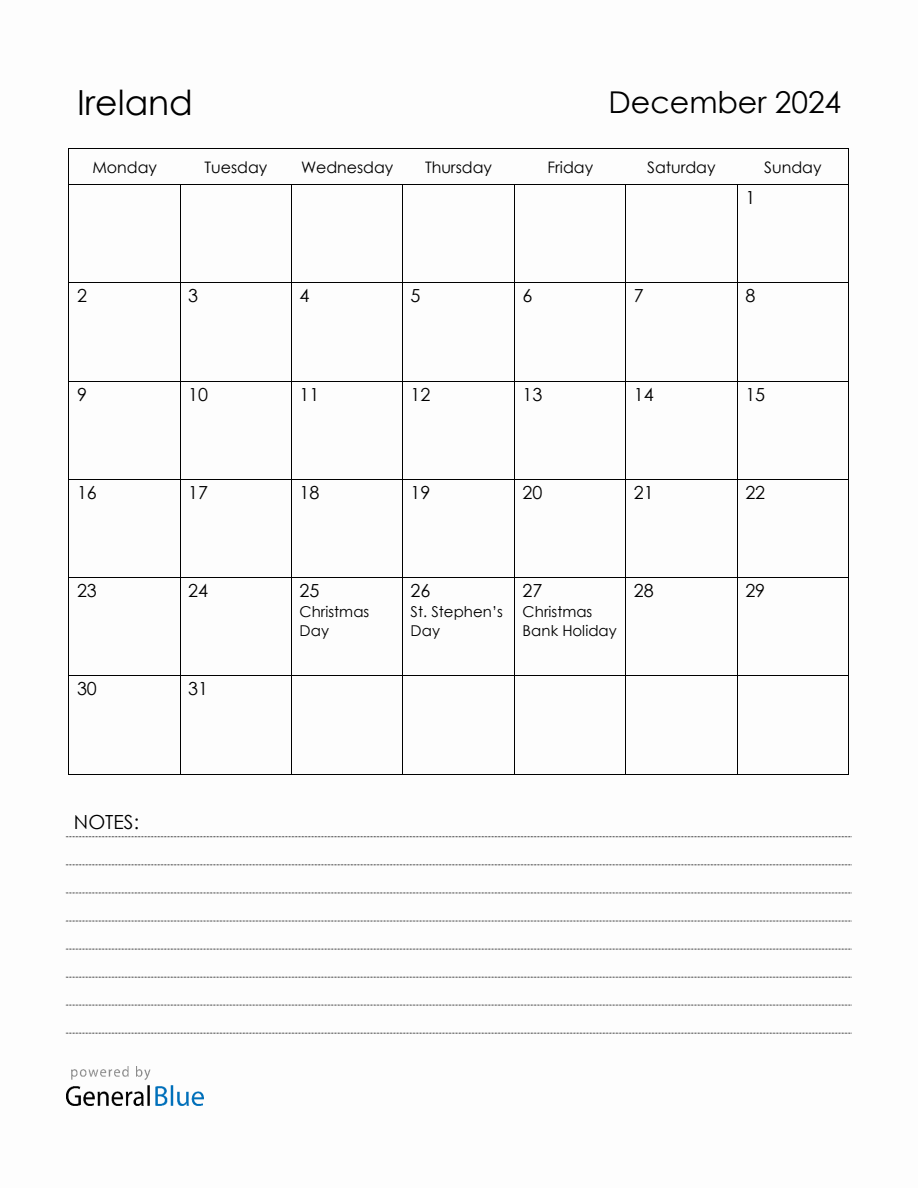 December 2024 Ireland Calendar with Holidays (Monday Start)