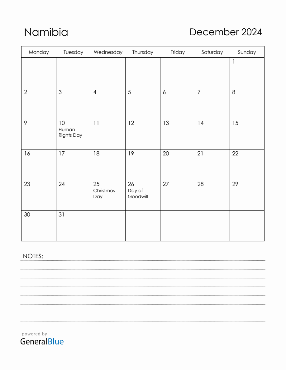 December 2024 Namibia Calendar with Holidays (Monday Start)