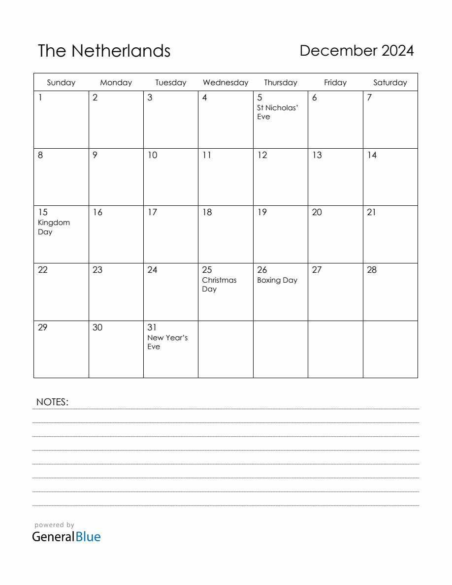 December 2024 The Netherlands Calendar with Holidays