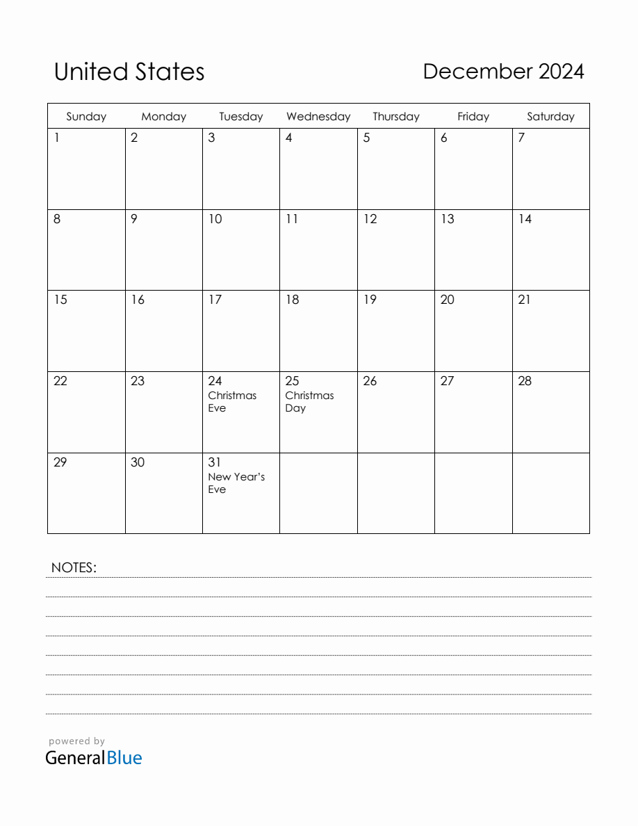 December 2024 United States Calendar with Holidays