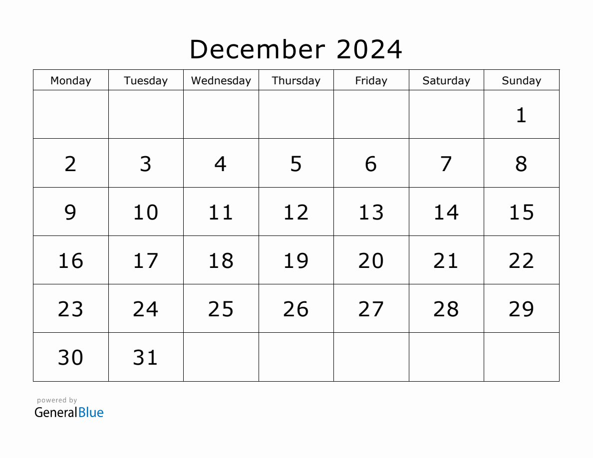 Printable December 2024 Calendar - Monday Start