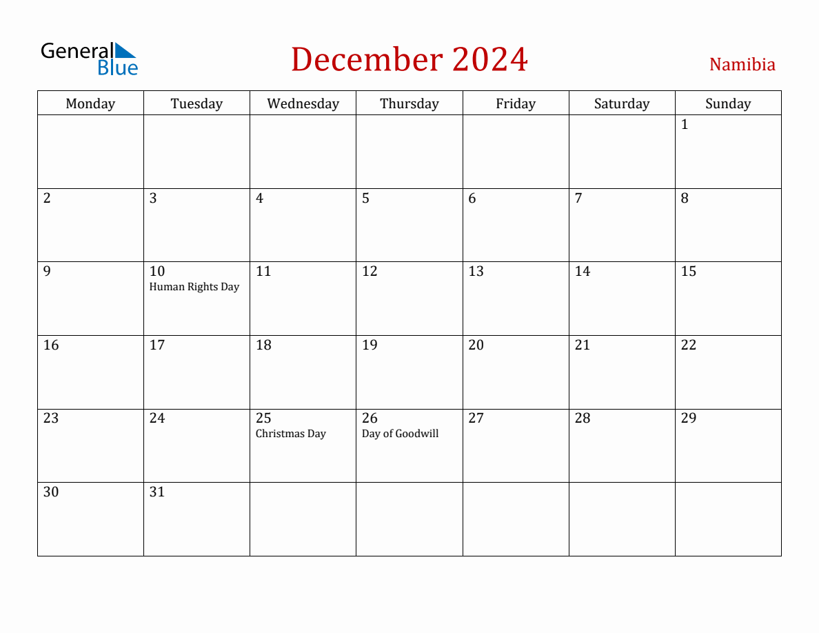 December 2024 Namibia Monthly Calendar with Holidays (Monday Start)