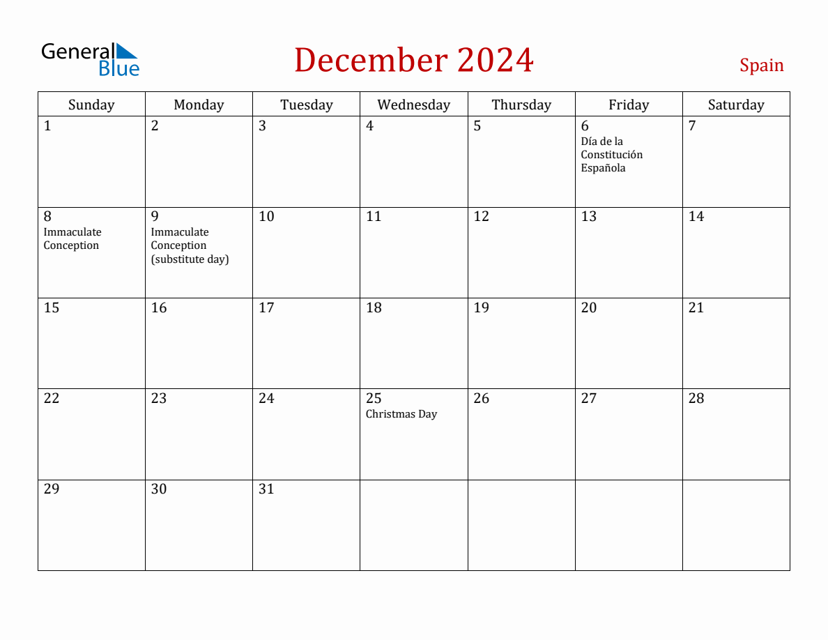 December 2024 Spain Monthly Calendar with Holidays