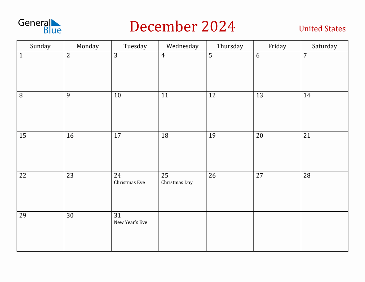 December 2024 United States Monthly Calendar with Holidays