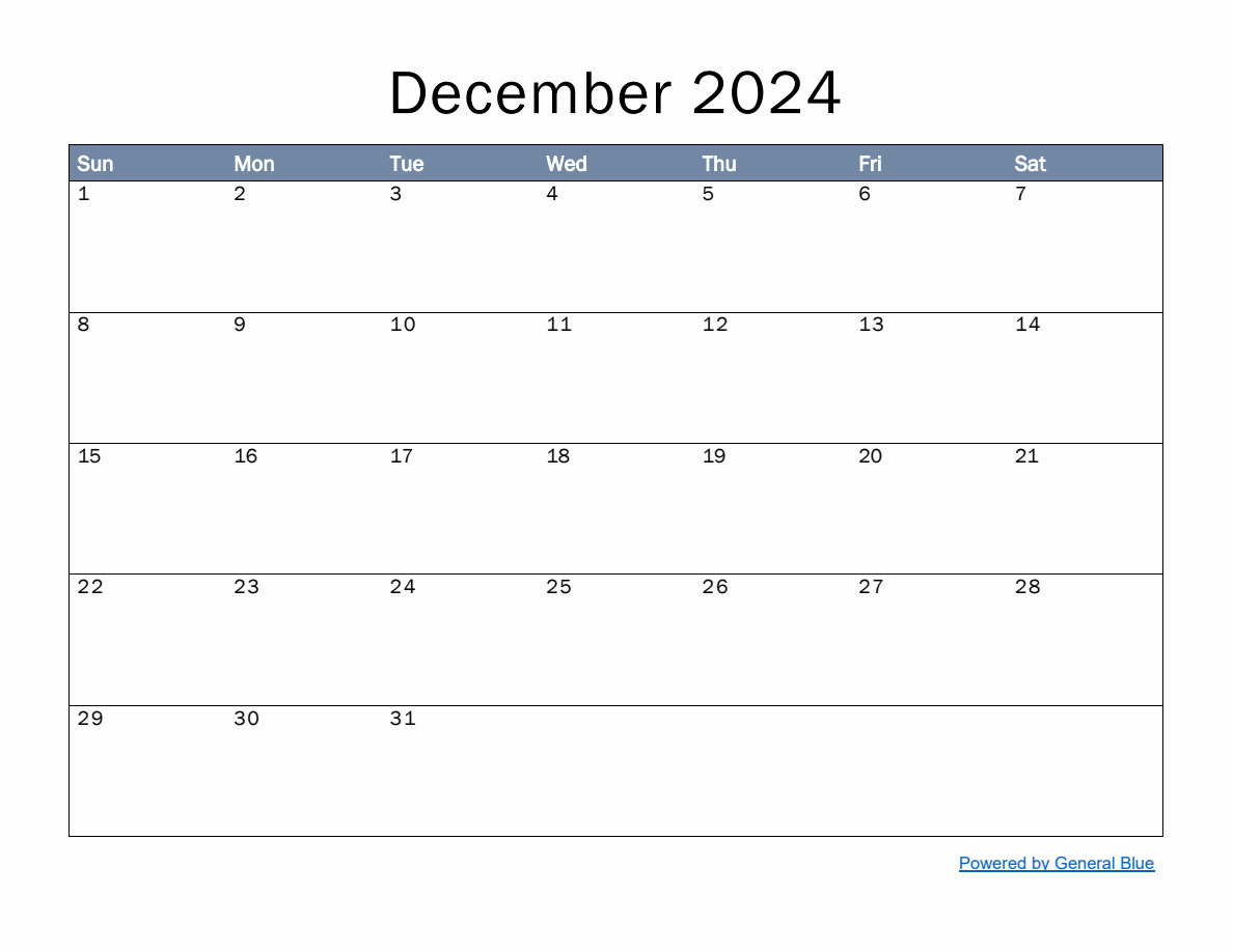 Monthly Calendar Template for December 2024